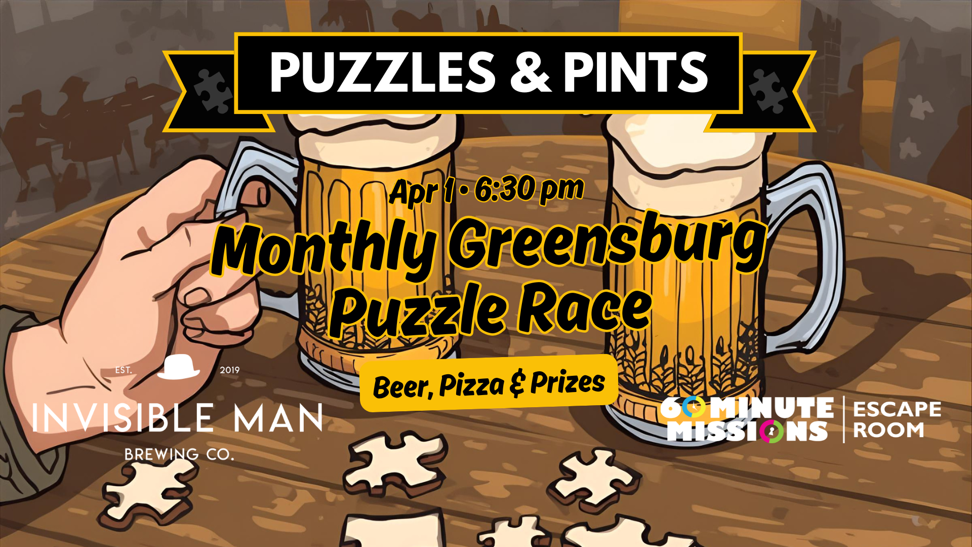 Puzzles & Pints at Invisible Man Brewing: April 2026 - Jigsaw Puzzle Races
